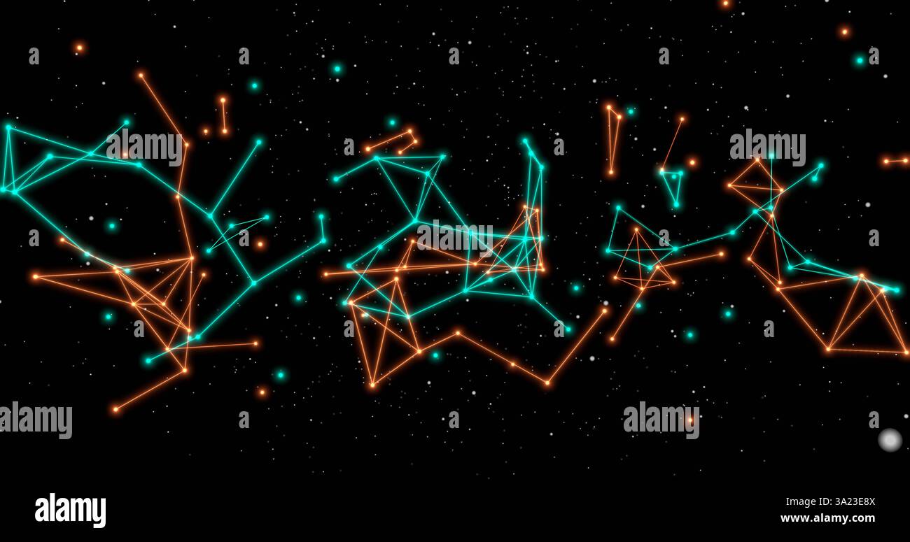 Polygon network in orange and green colours. Abstract plexus, science ...