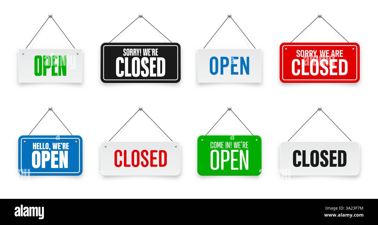 Realistic open or closed hanging signboards. Vintage door sign for cafe ...