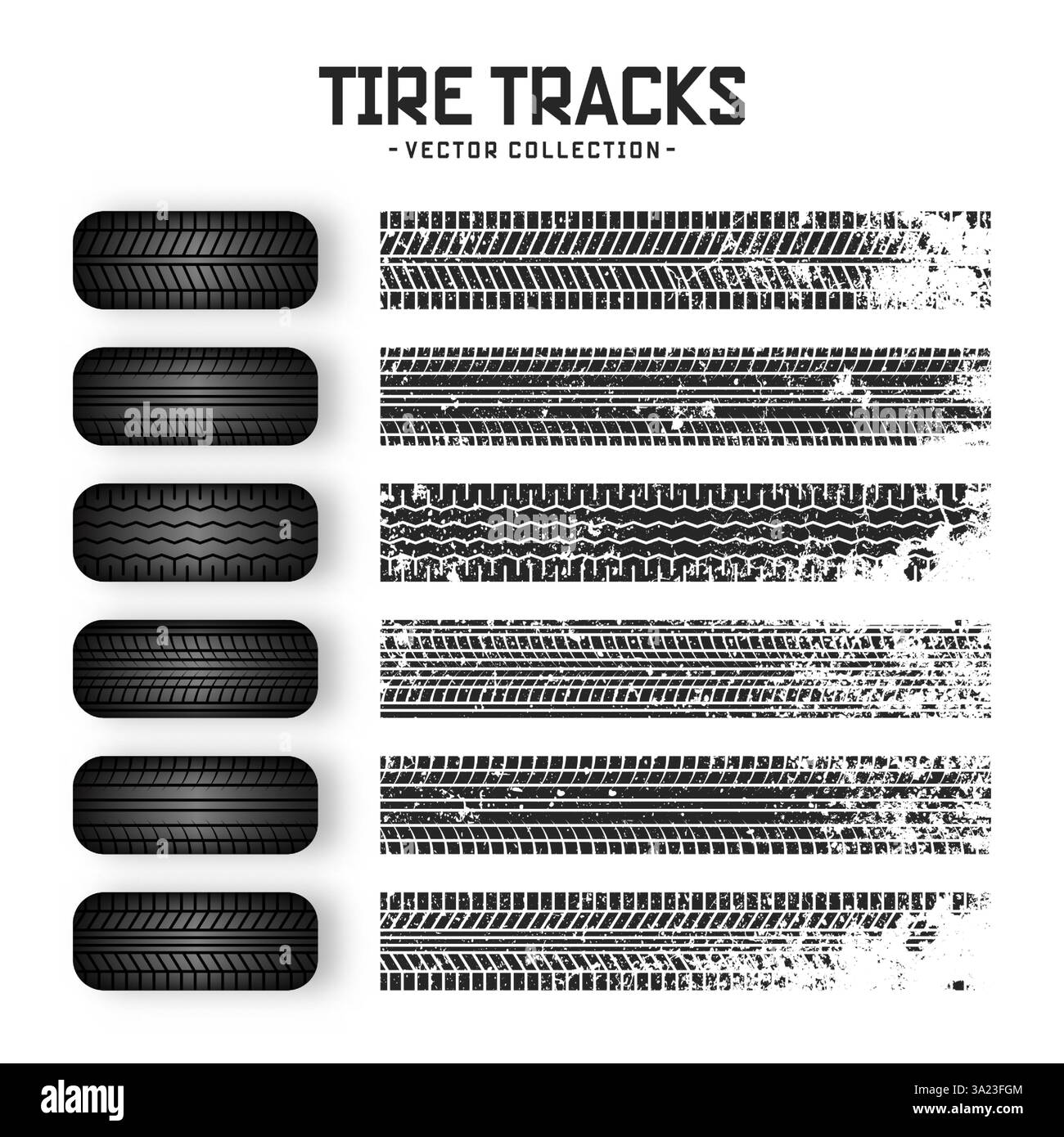 Grunge tire tracks, rubber wheels, and braking marks. Truck, car, or ...