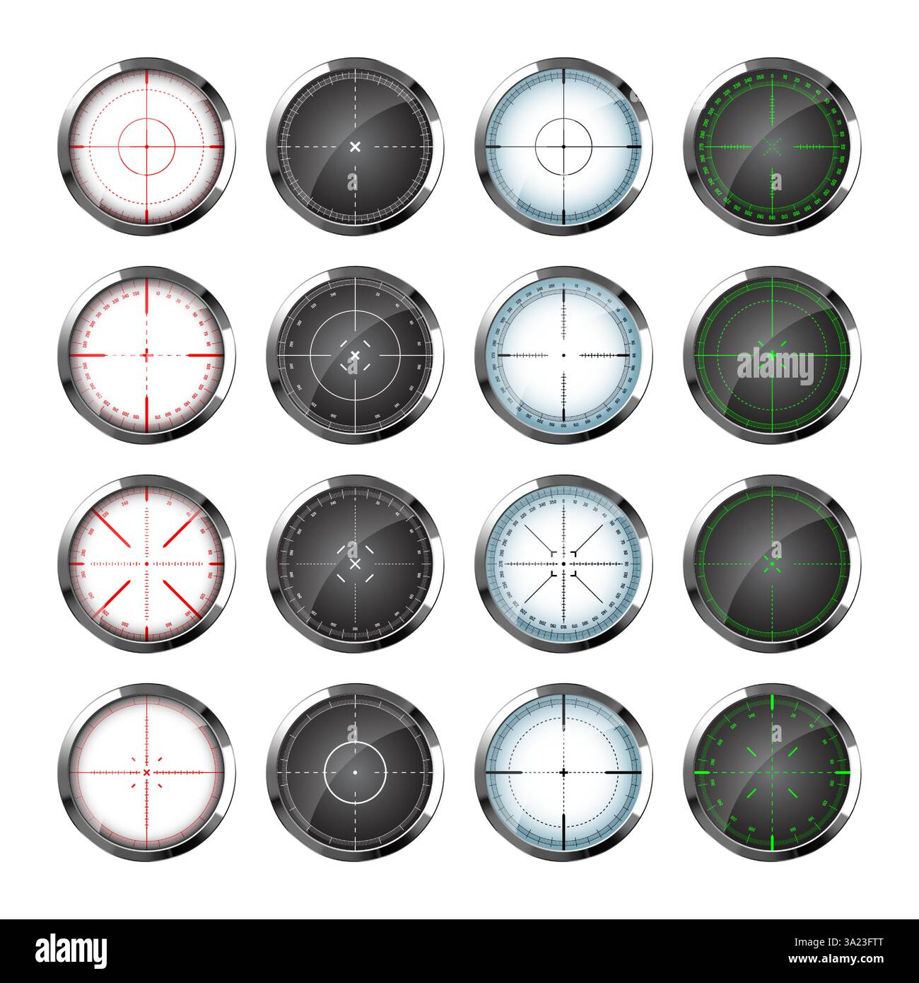 Chrome weapon sights, sniper rifle optical scopes. Hunting gun viewfinder with crosshair. Aim ...