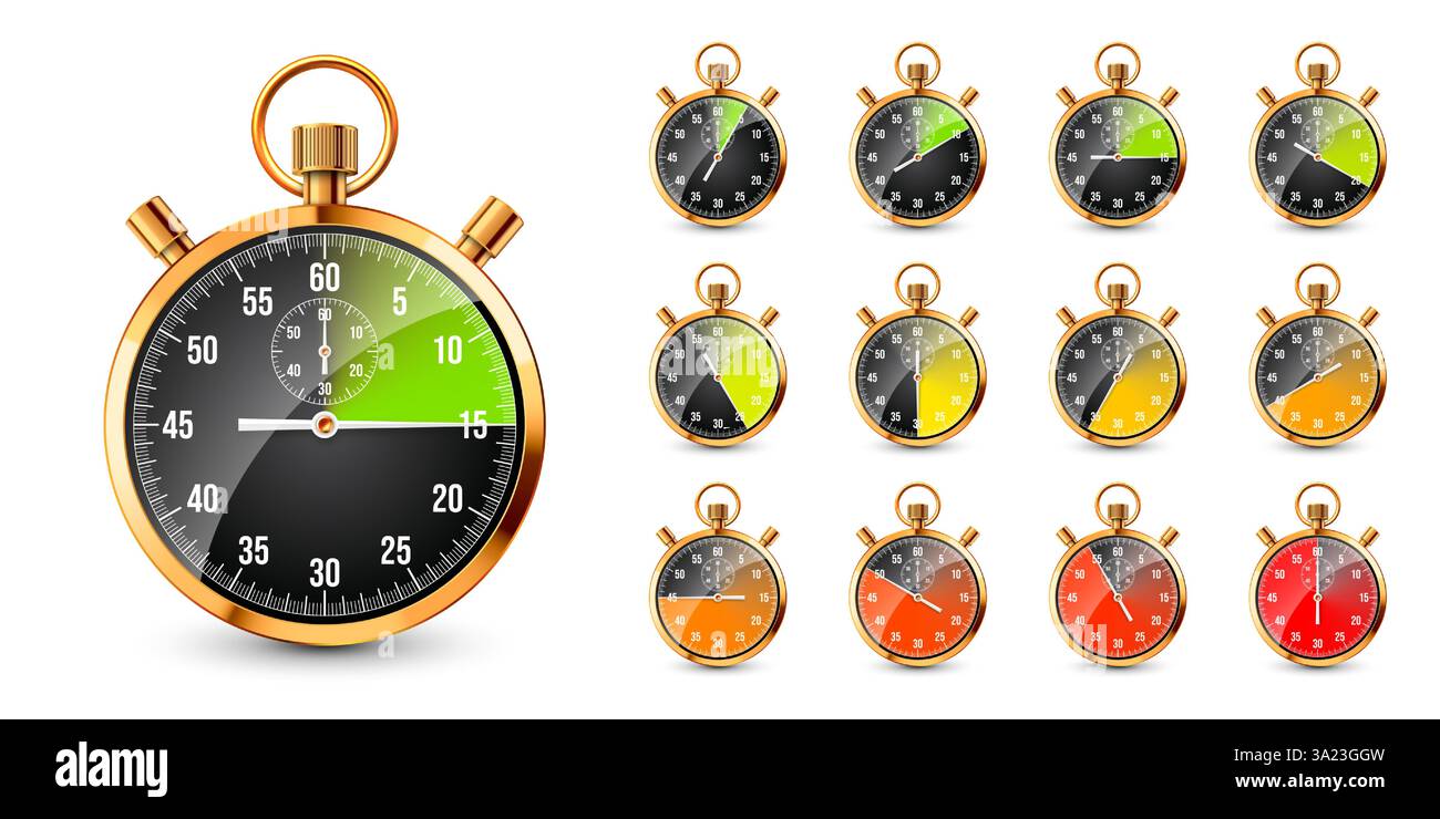 Realistic classic stopwatch. Shiny golden metal chronometer, time ...