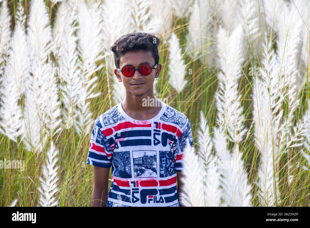 A Bangladeshi rural boy inside the blooming Kans grass, celebrating the essence of autumn on the ...