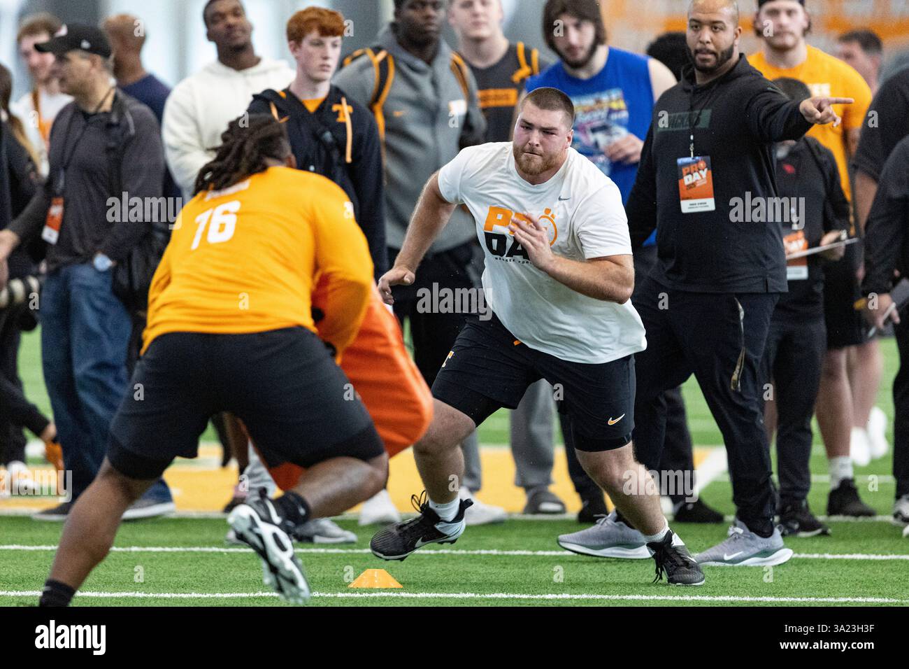Tennessee's Cooper Mays runs a drill during Tennessee's NFL Pro Day ...
