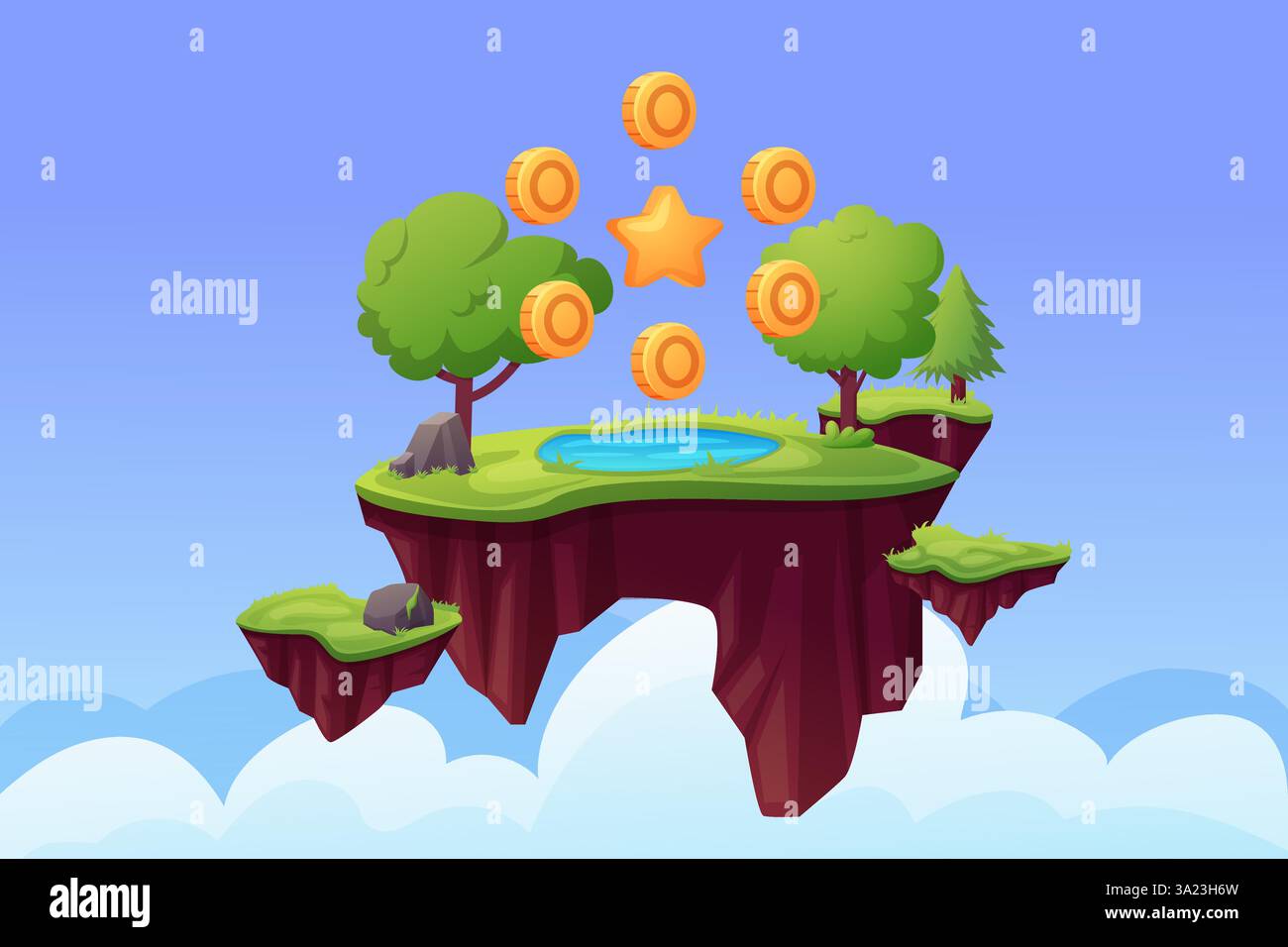 Game location with flying stone island, green valley, tree. Arcade ...