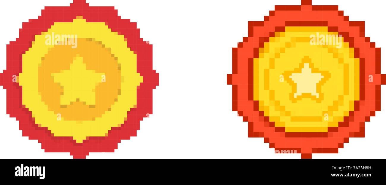 Pixel Star Medal Pixelated Icon Set. Pixel Art Symbol Collection Of Award Medals With Star ...