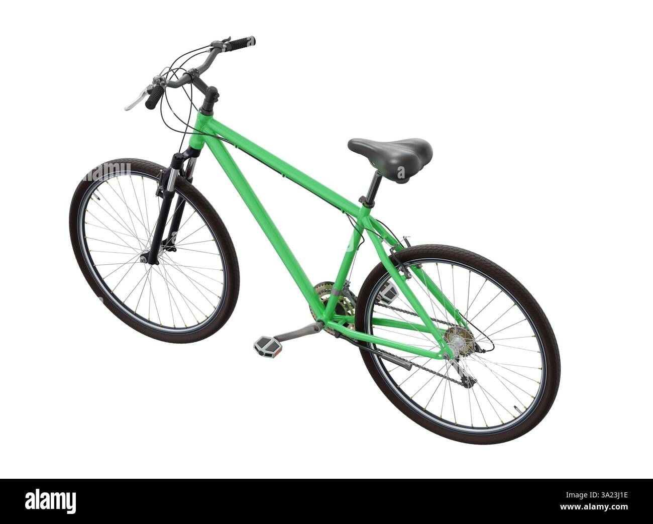 Green bicycle, side top view. Black leather saddle and handles ...
