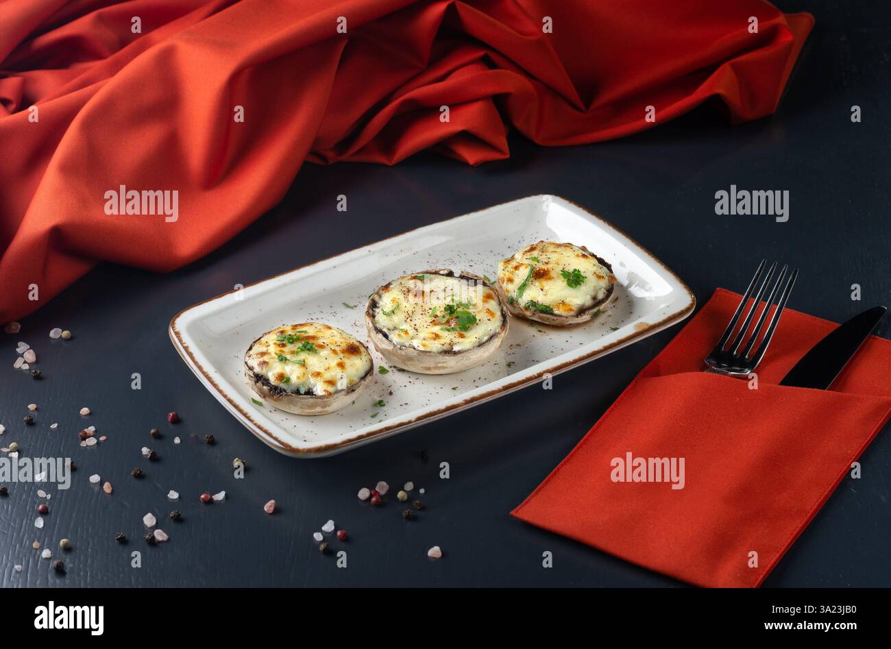 Georgian cuisine: Close up mushrooms baked with cheese suluguni on ...