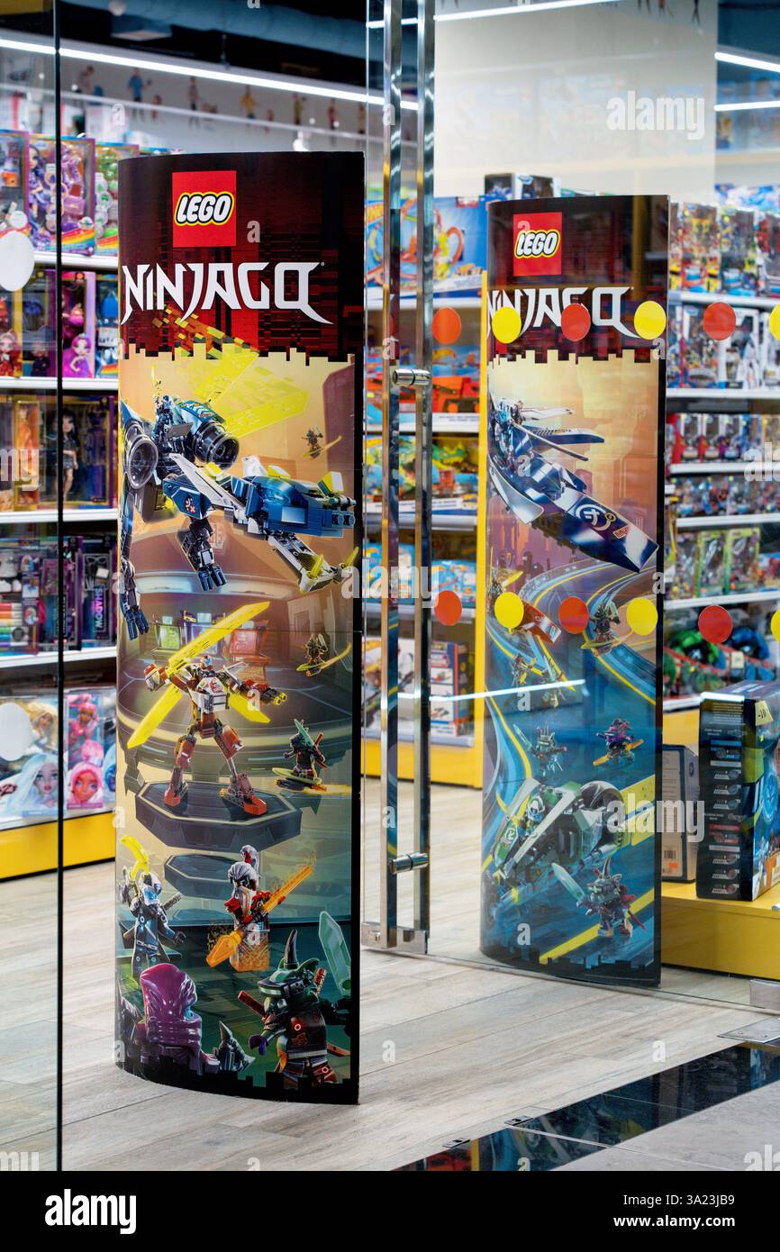 Lego company advertising at the entrance to a toy store. Lego company ...