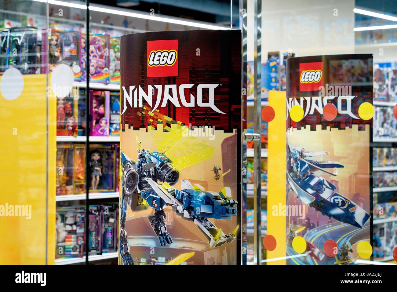 Lego company advertising at the entrance to a toy store. Lego company ...