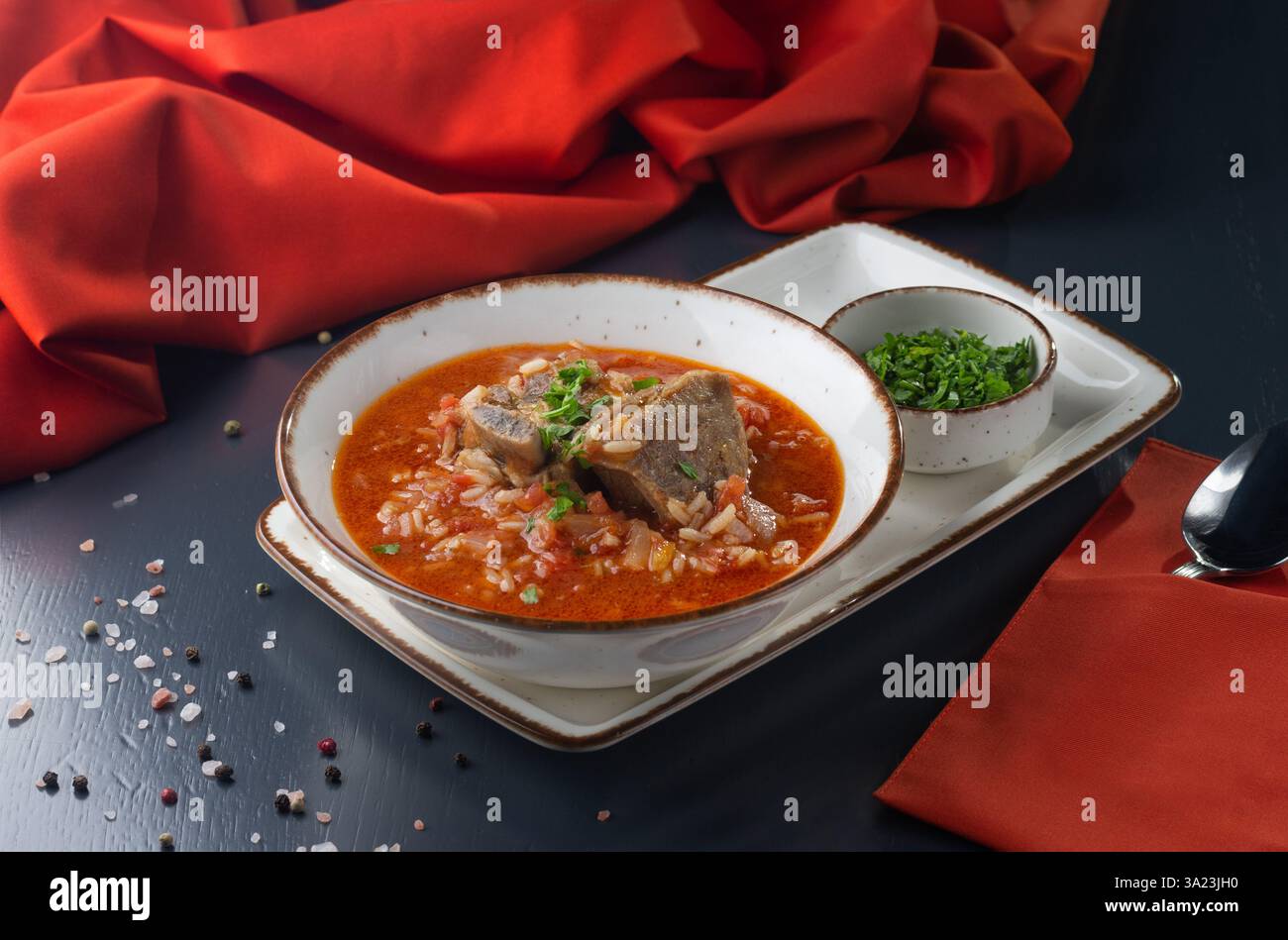 Traditional Georgian soup Kharcho with meat and rice. Menu for a ...