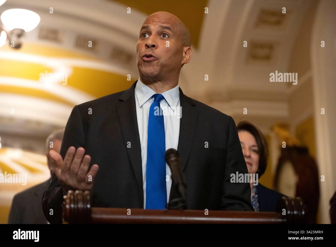 Sen. Cory Booker, D-N.J., speaks to reporters after a Senate policy ...
