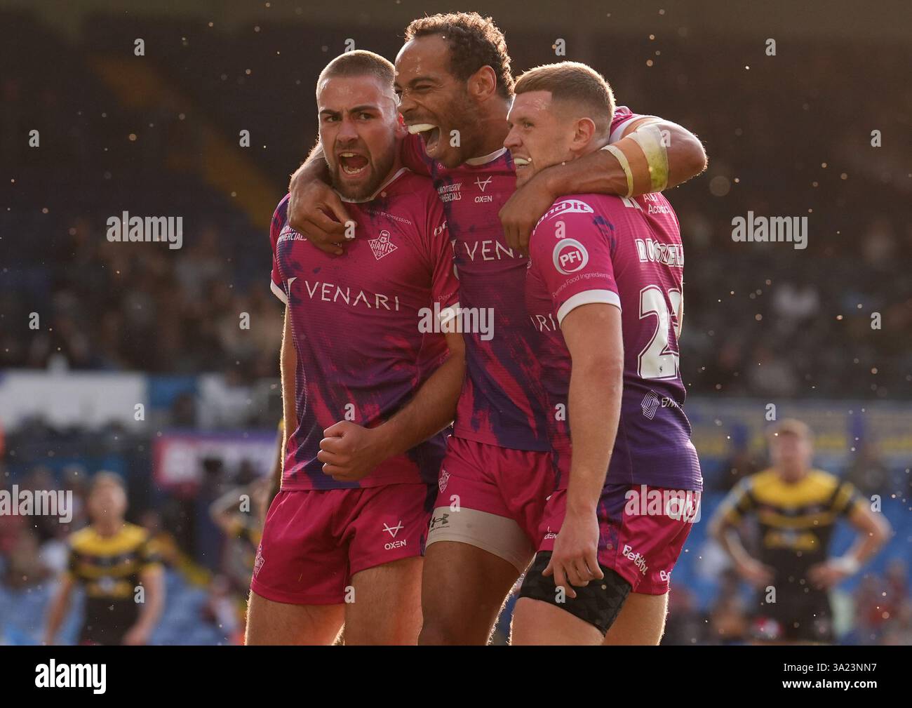 Huddersfield Giants' Sam Hewitt (left) celebrates with Leroy Cudjoe ...