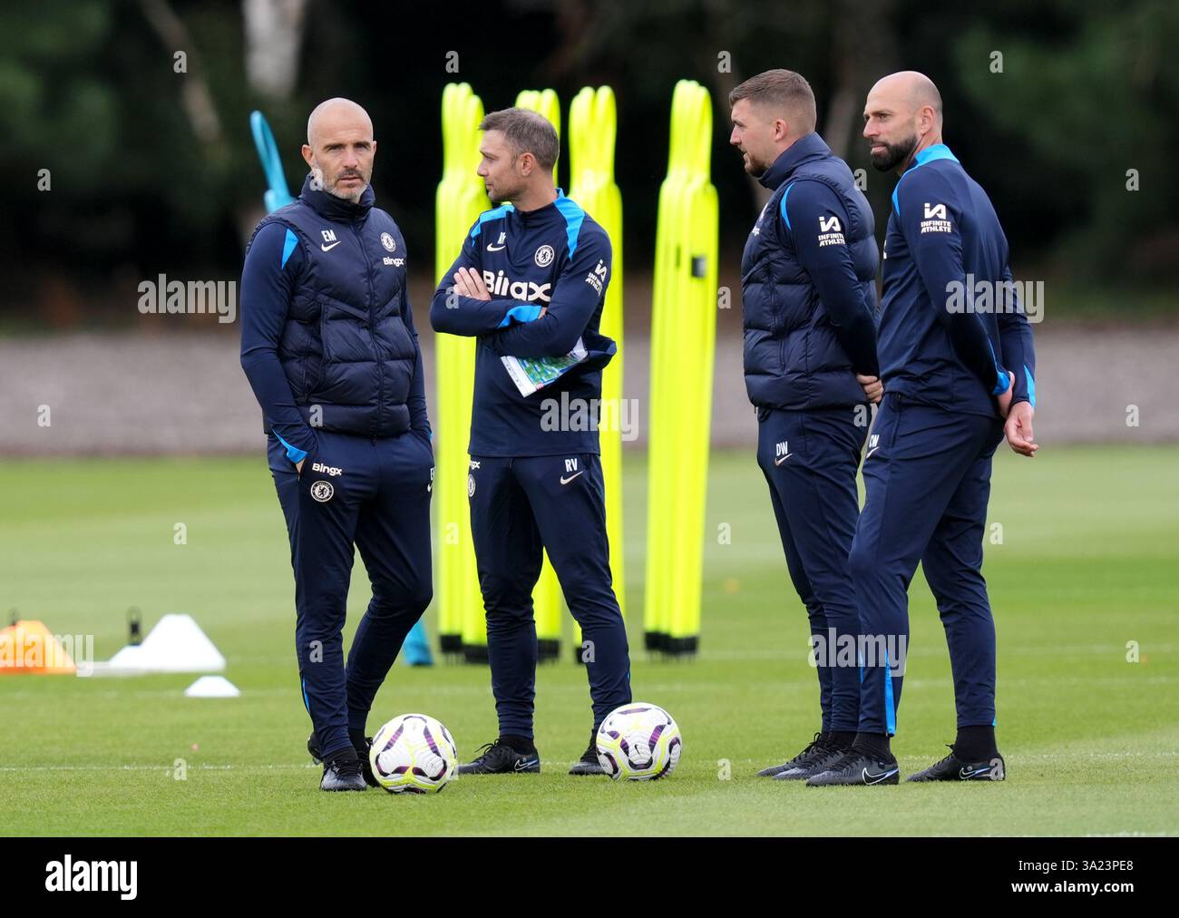 Chelsea manager Enzo Maresca (left) and the backroom staff during a ...