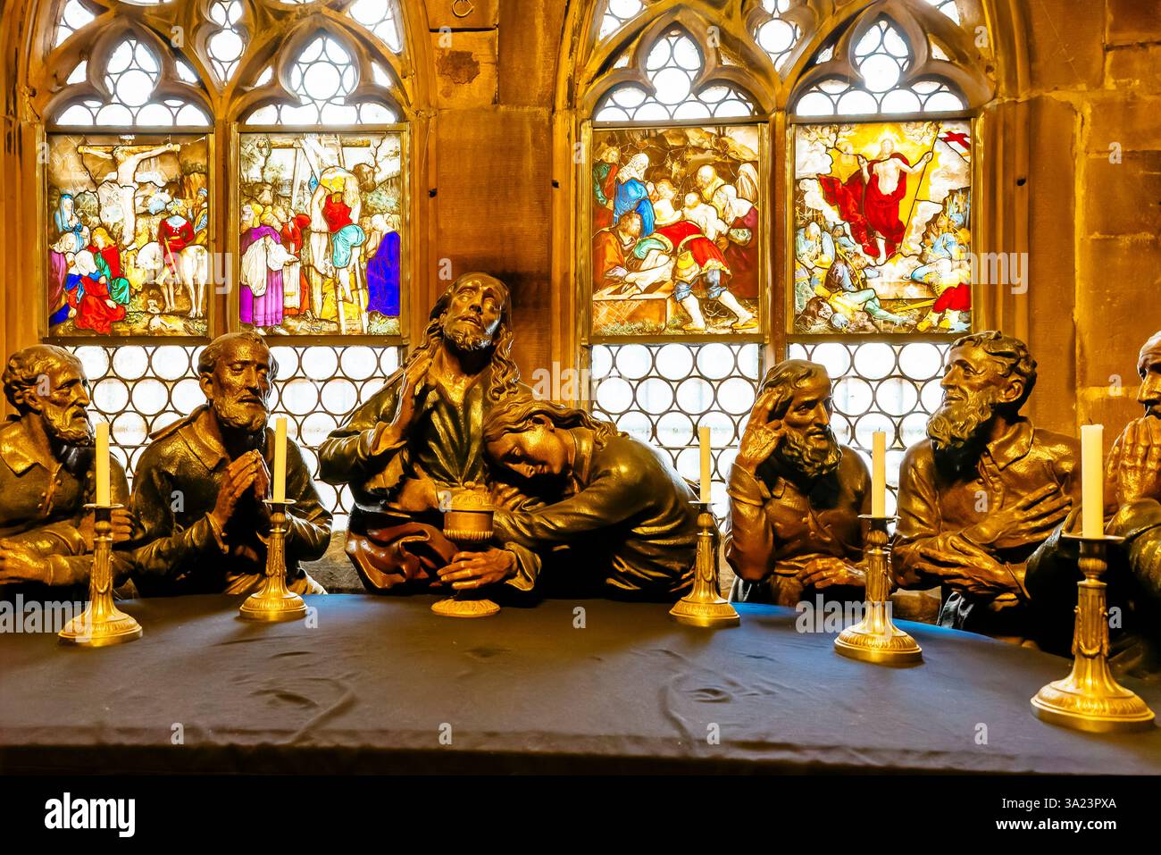 Chapel with life sized depiction of the Last Supper. The figures are in ...