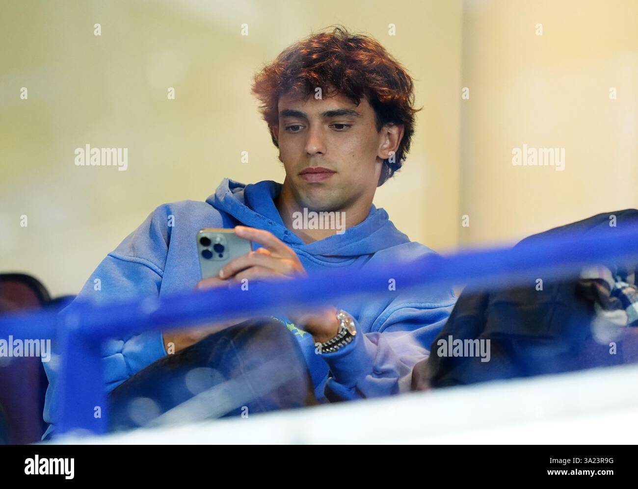 New Chelsea signing Joao Felix is seen in a private box before the UEFA ...