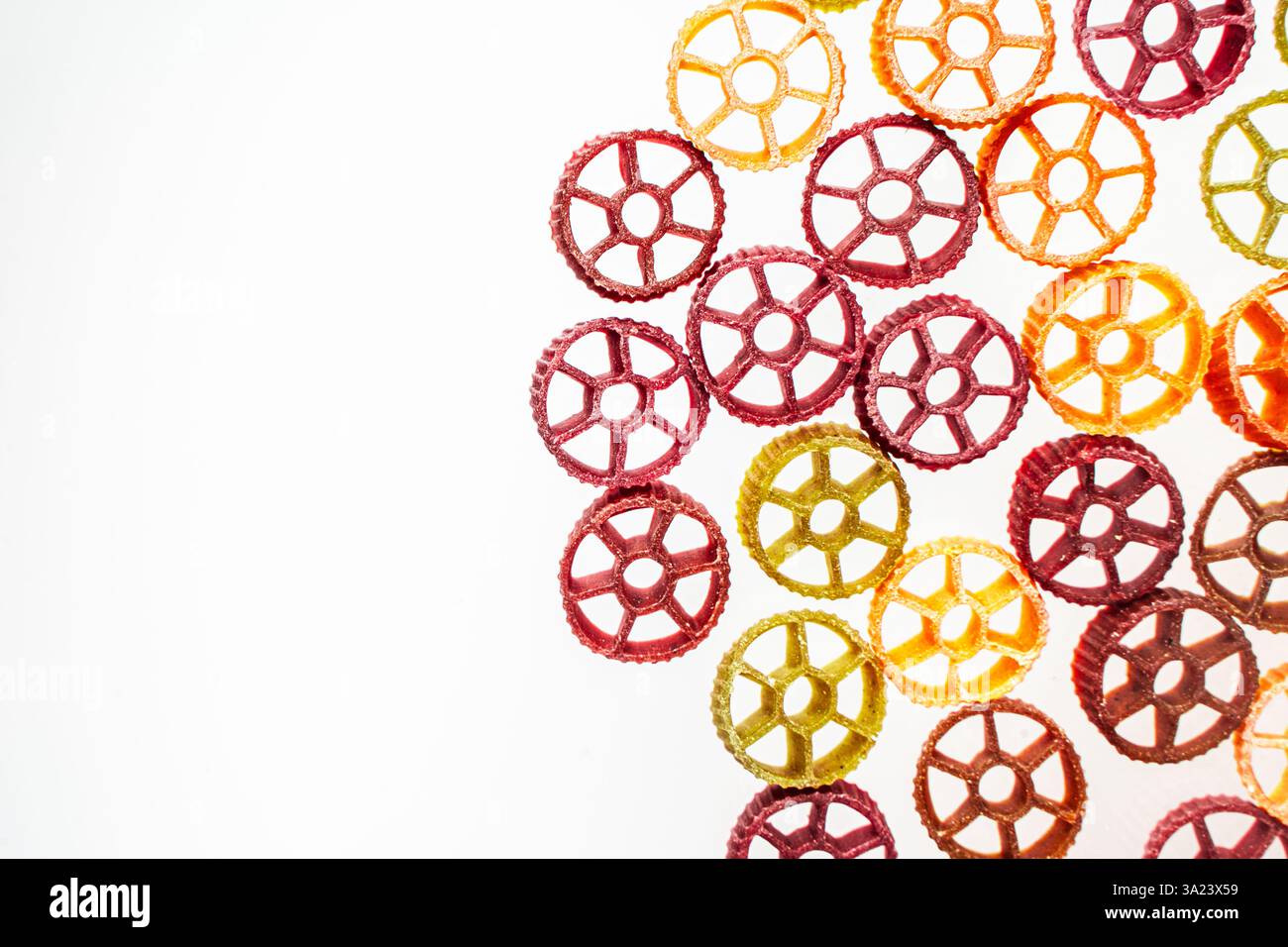 Dry Italian pasta Rotelle on white background in the form of a frame ...