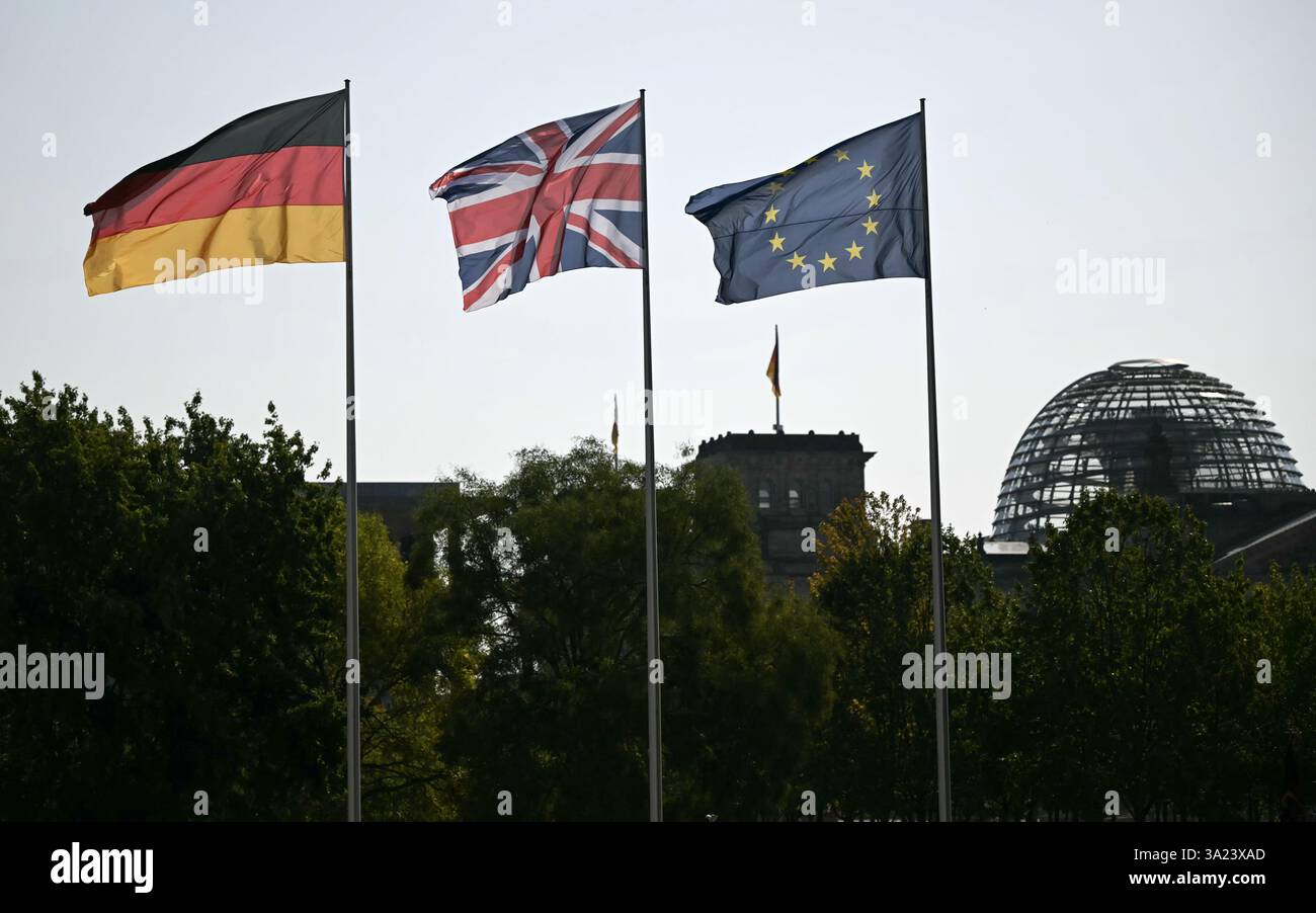 A German, Union Jack and an EU flag in the courtyard of the Chancellory ...