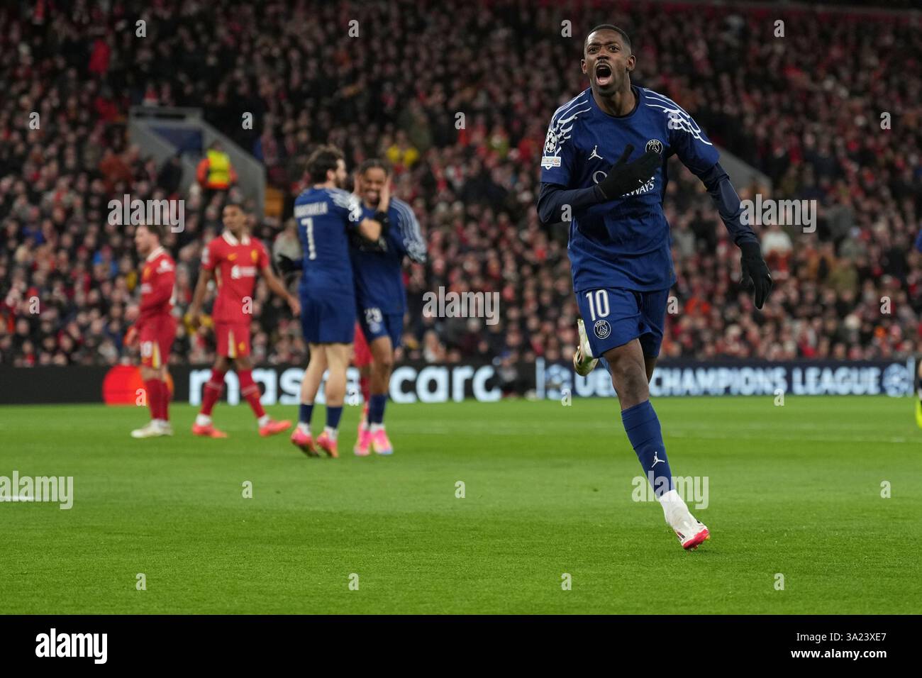 PSG's Ousmane Dembele celebrtaes after scoring during the Champions ...