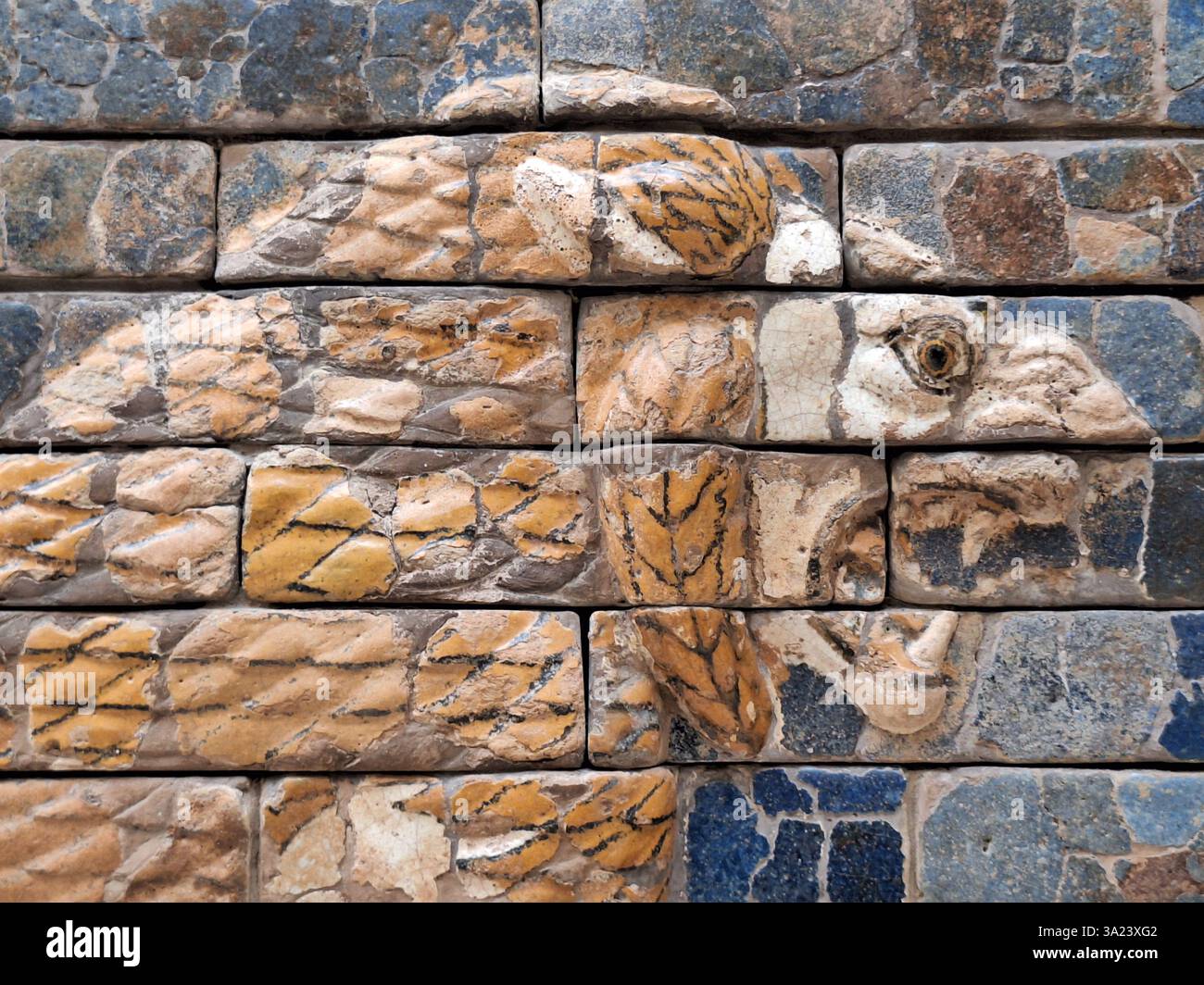 Close up of the head of a lion on an ancient Babylonian temple wall ...