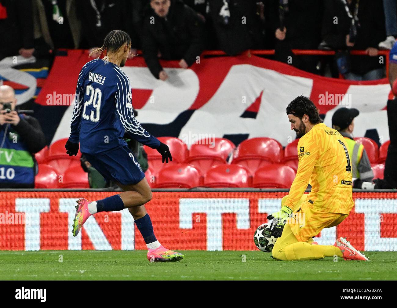 Liverpool, UK. 11th Mar, 2025. Alisson Becker of Liverpool saves from ...
