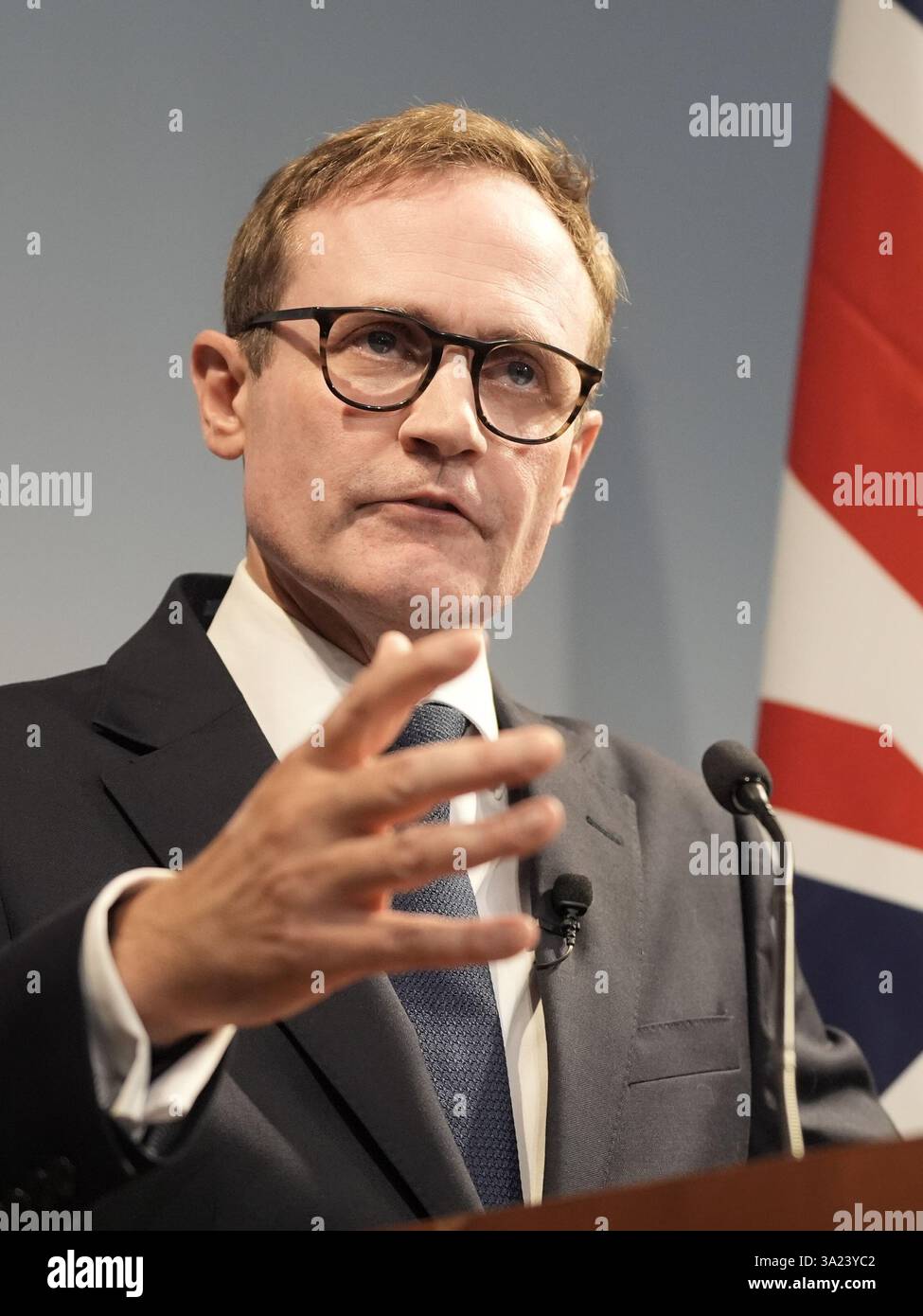Conservative party leadership candidate Tom Tugendhat giving a speech ...