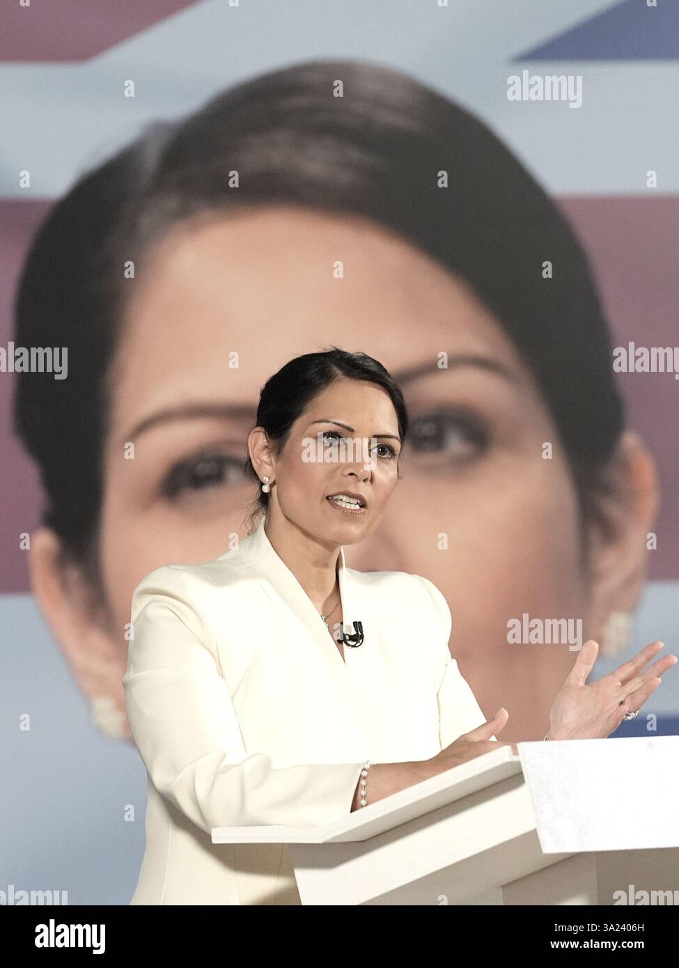 Dame Priti Patel speaking at a Conservative Party leadership campaign ...