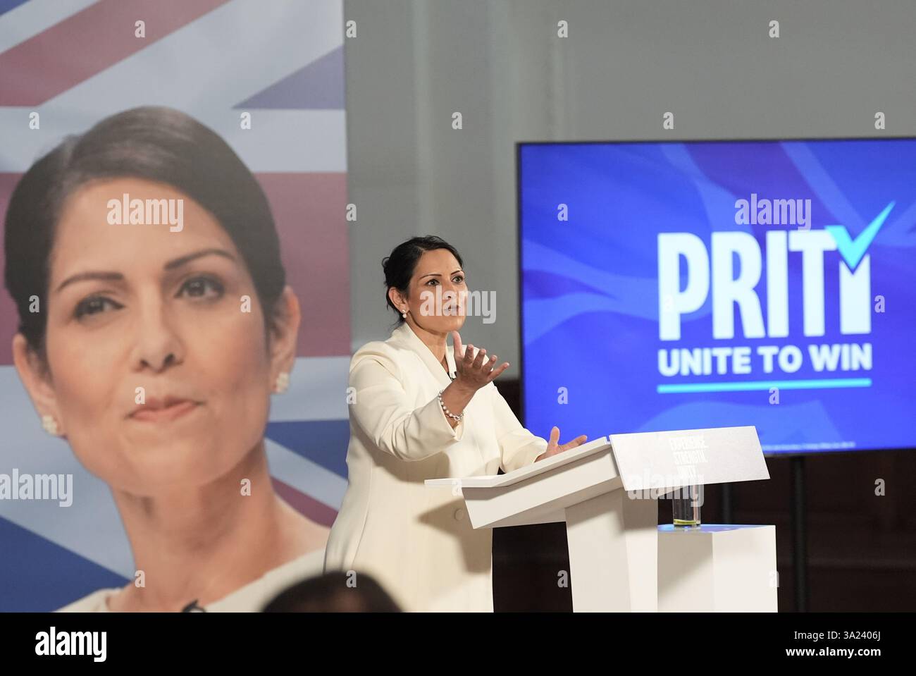 Dame Priti Patel speaking at a Conservative Party leadership campaign ...