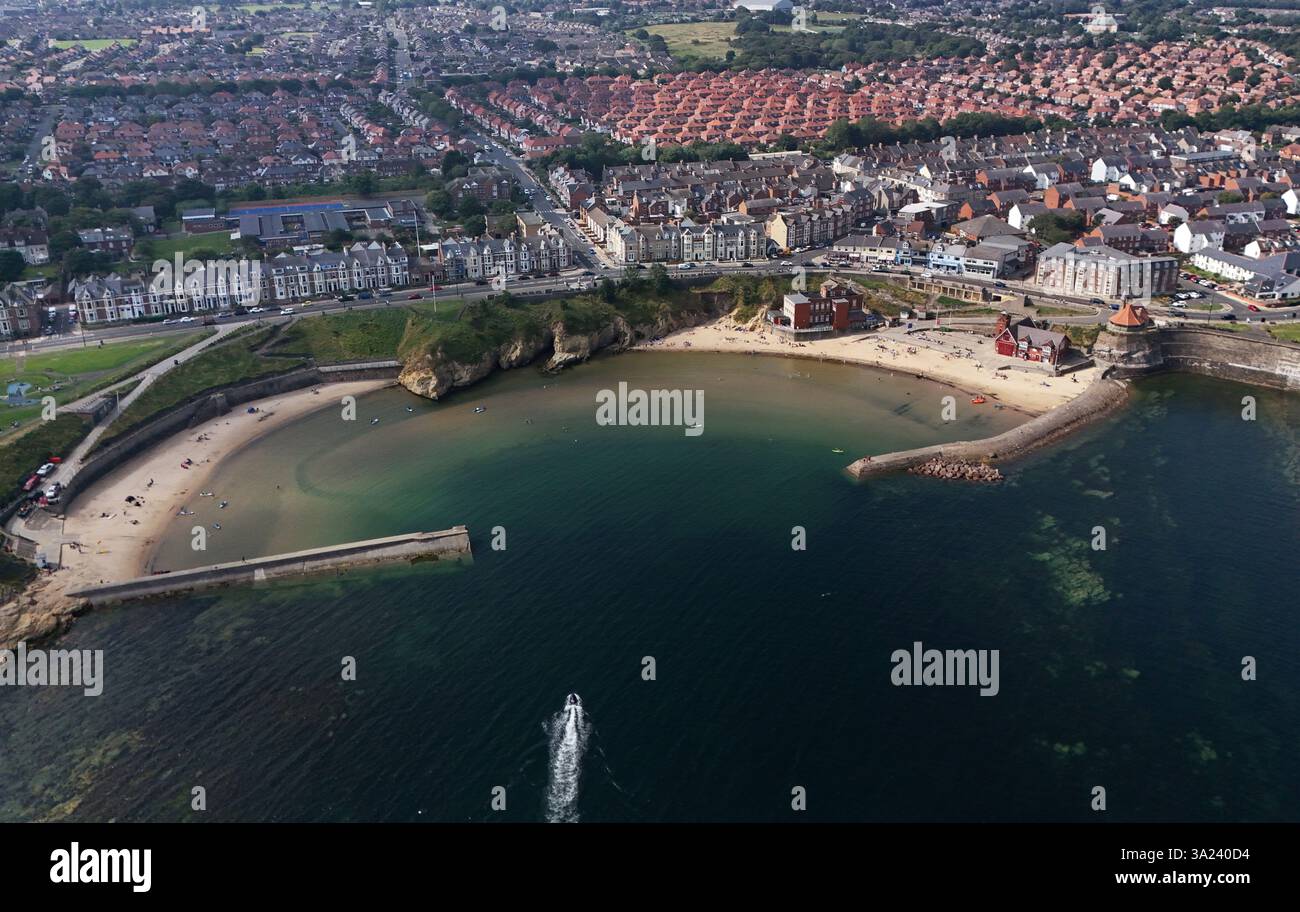 An aerial view of sunny weather in Cullercoats Bay, North Tyneside ...