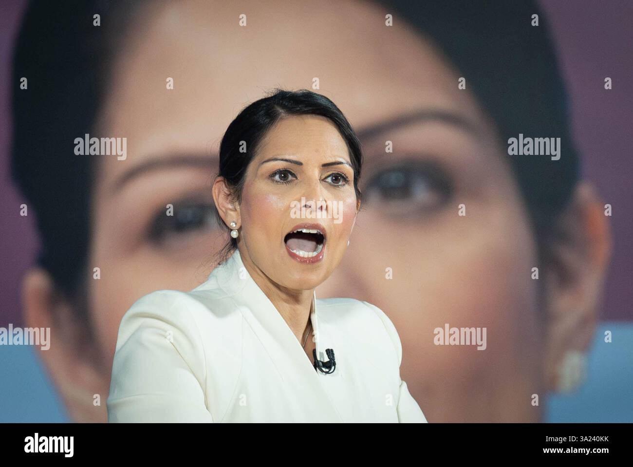 Dame Priti Patel speaking at the launch of her Conservative Party ...