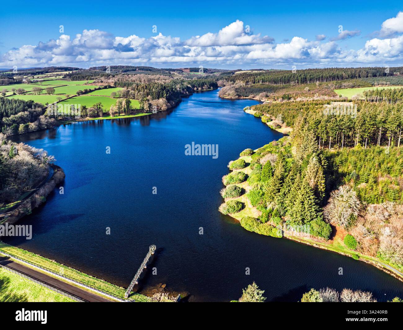 Farms and Forest over Kennick Reservoir from a drone, South West Lakes ...