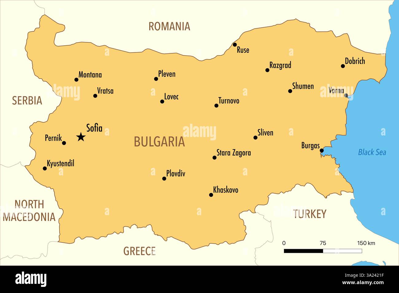 Map of Bulgaria with Major Cities and Neighboring Countries Stock Photo ...