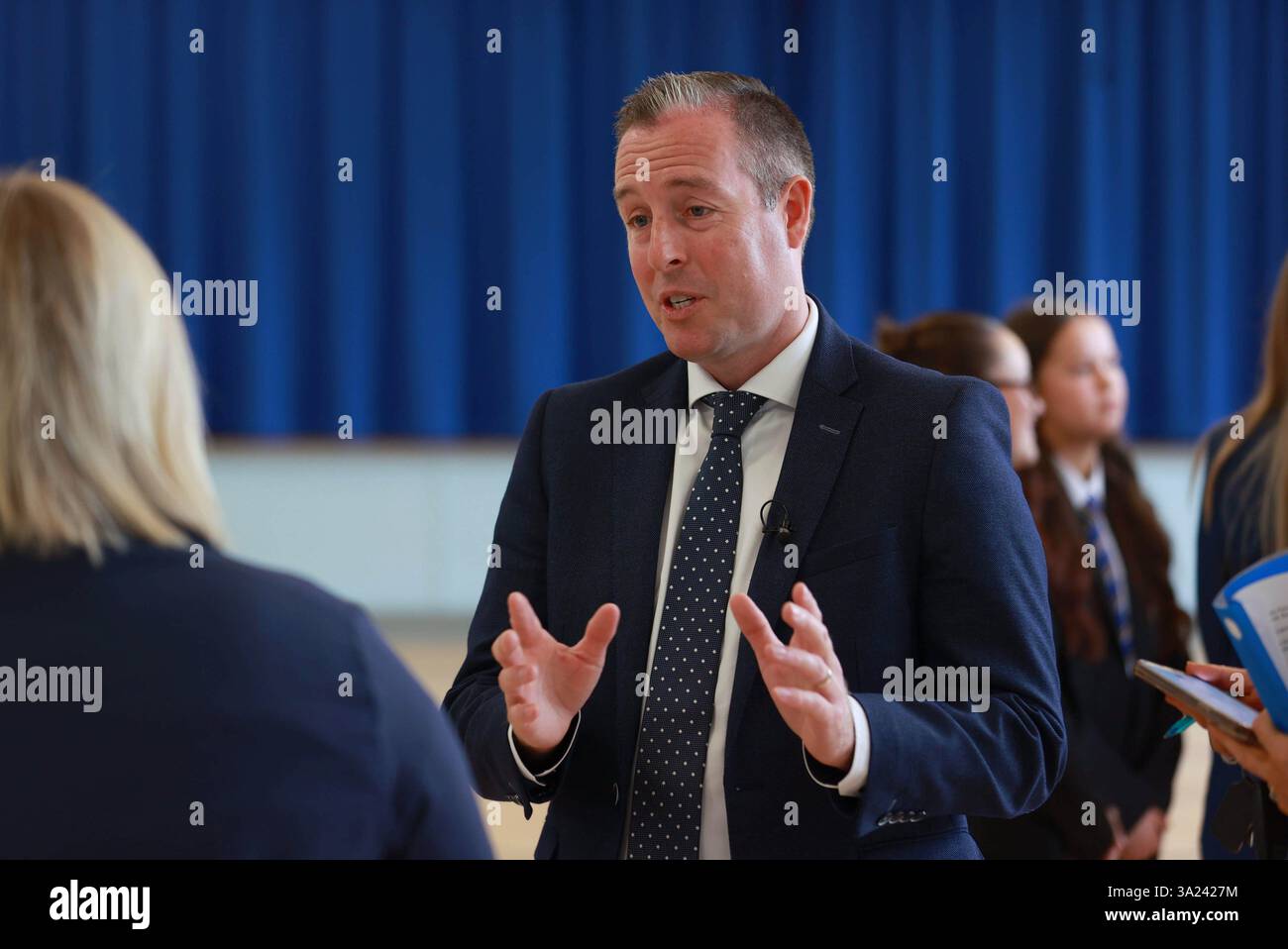 Education Minister Paul Givan during a visit to St Columbanus' College, Bangor, to launch new ...