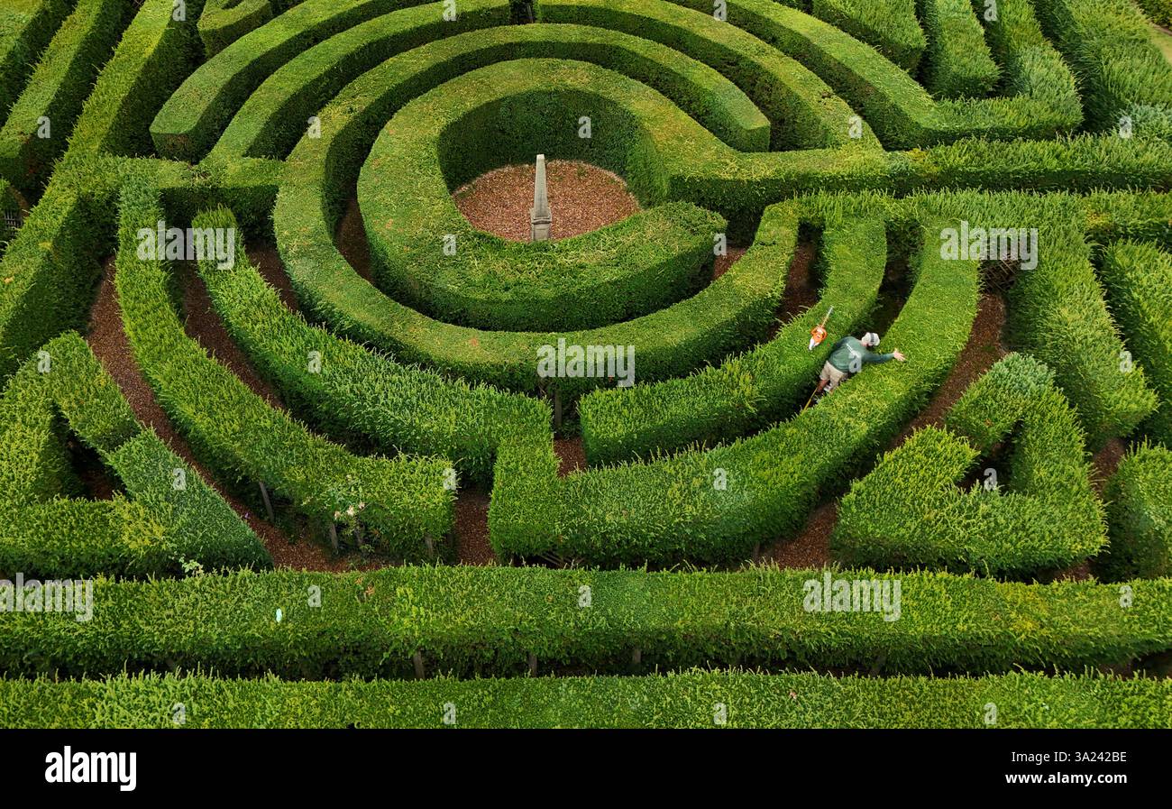 A gardener at Hever Castle tends to the bushes of the historic 120-year ...