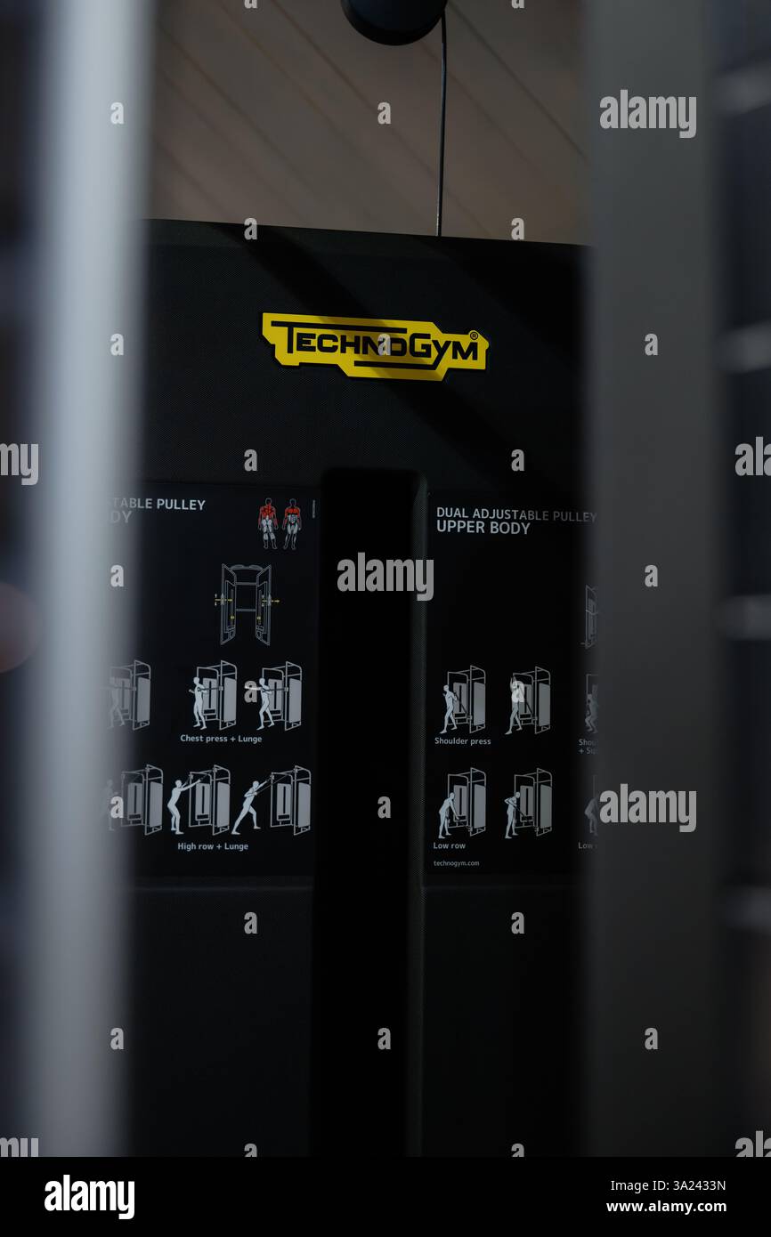 A black and yellow sign for a gym. The sign is for a Technogym machine ...