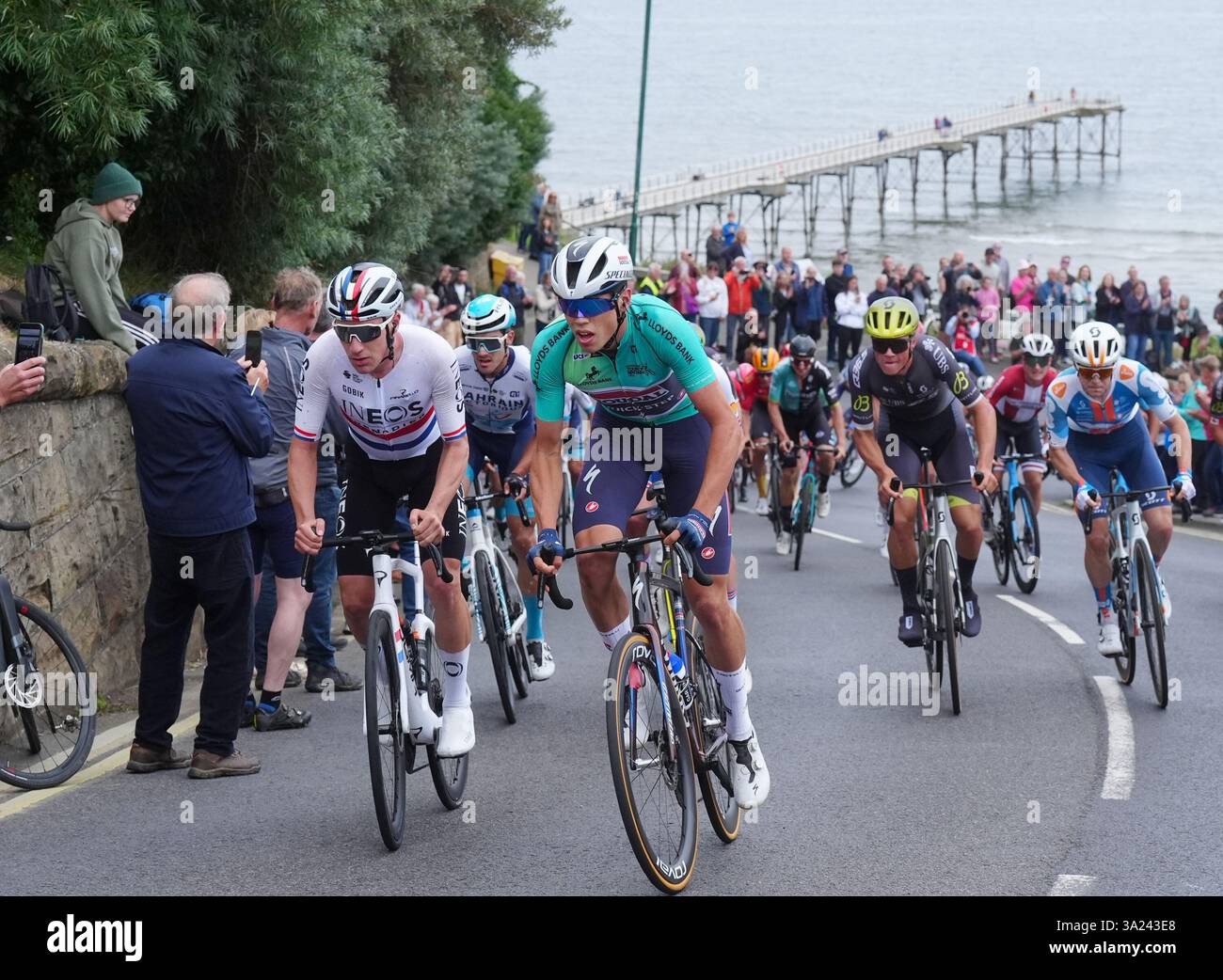 Riders come up Saltburn Bank during stage two of the 2024 Lloyds Bank ...