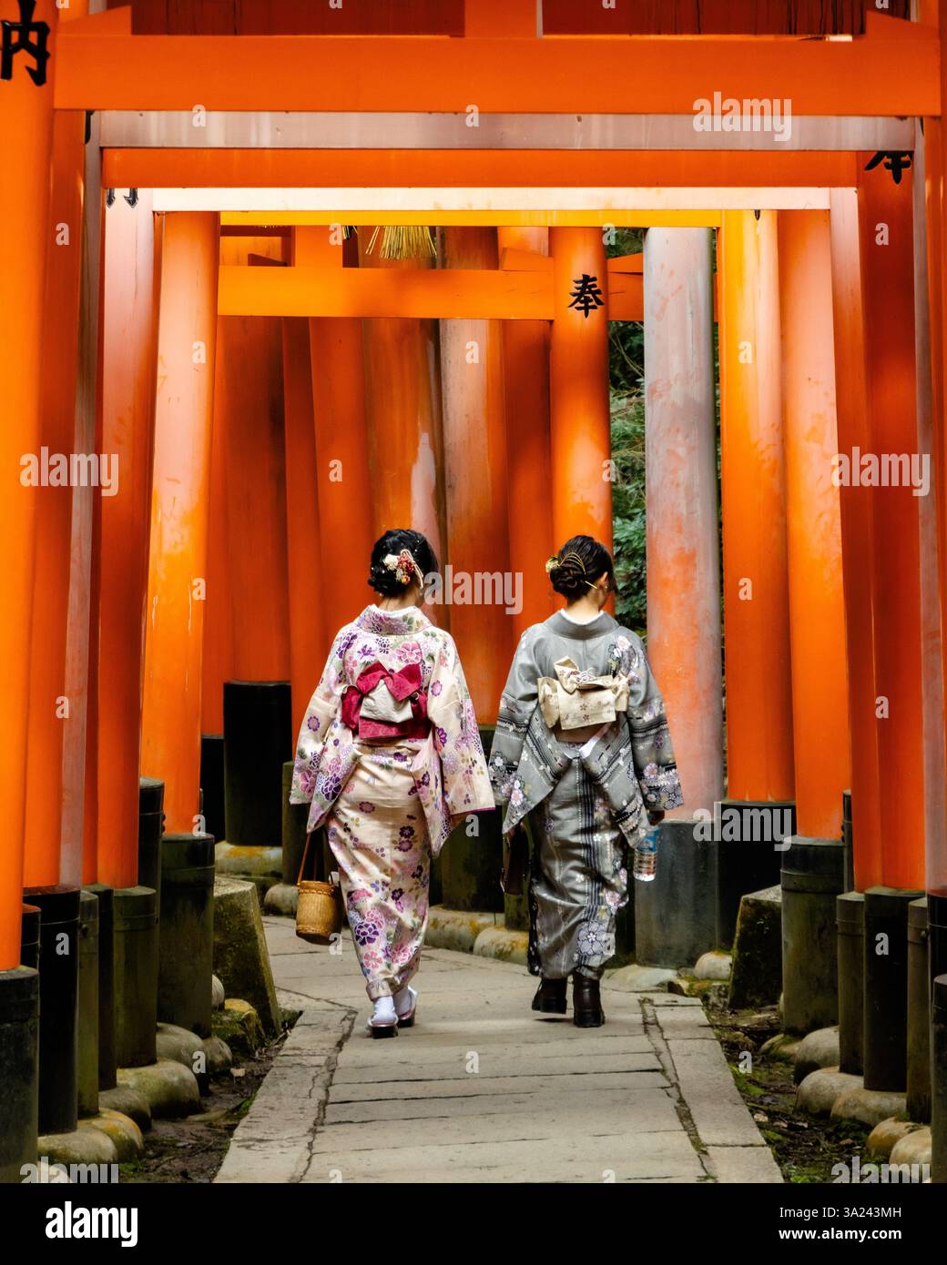 Two women in traditional Japanese dress on their way through the ...