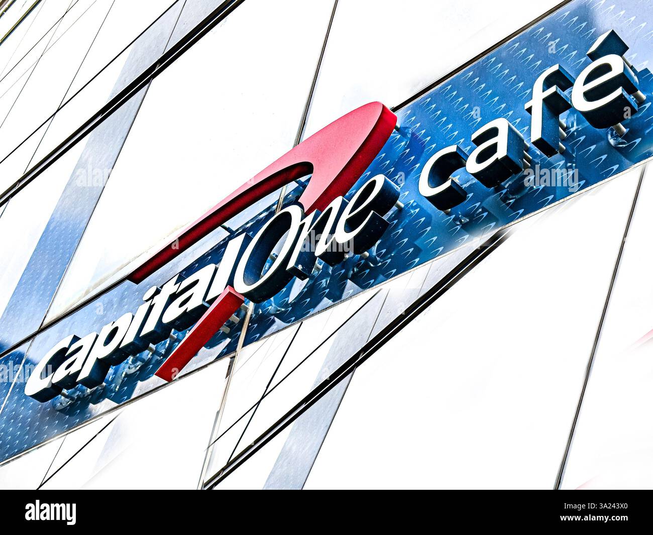 Capital One Cafe, close-up of building exterior and company sign, New ...