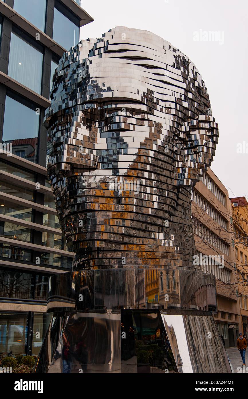 02-21-2025, Prague, vertical Metalmorphosis, the kinetic sculpture by David Černý, is reflecting ...