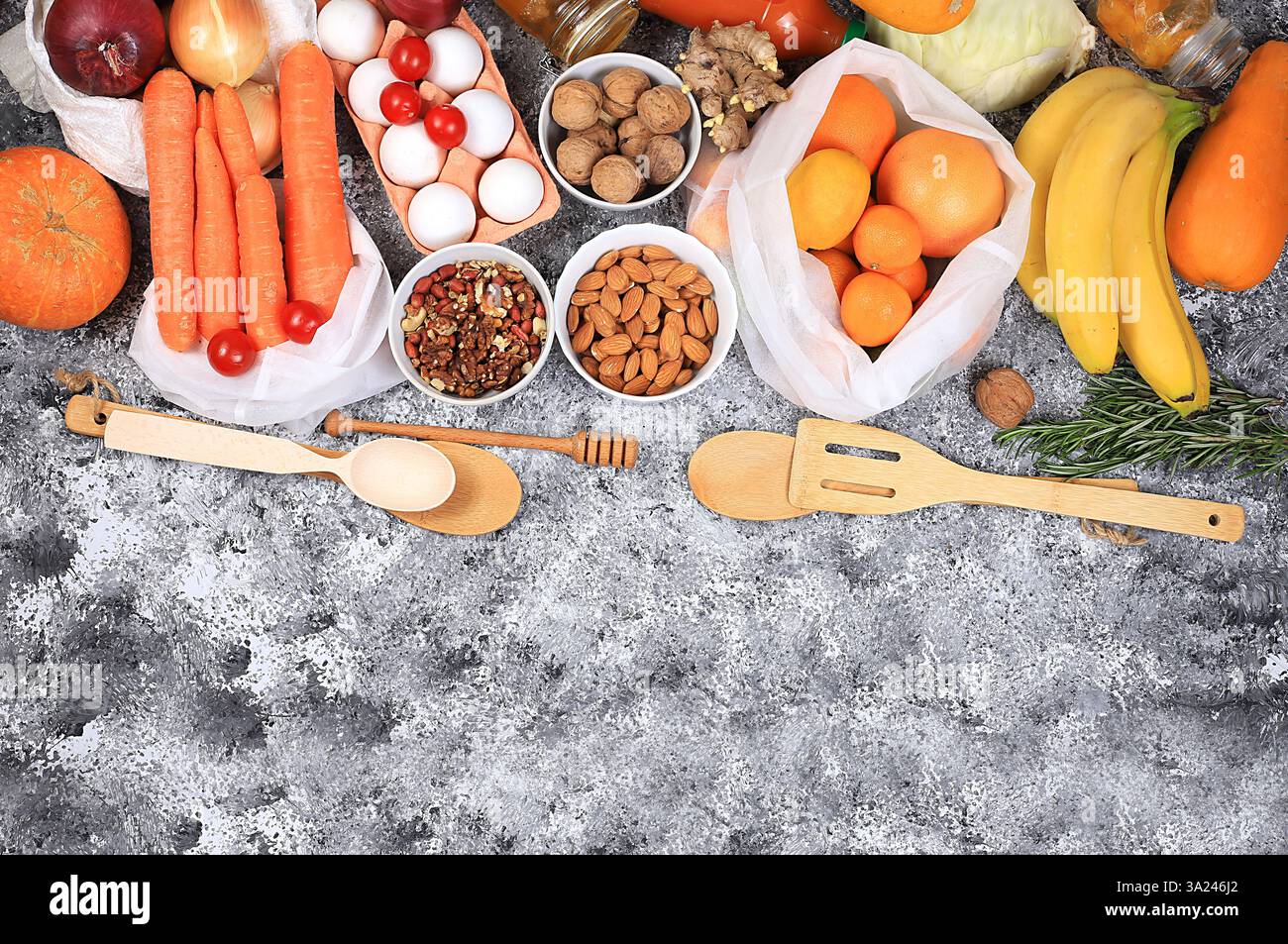 Healthy natural diet food in eco-bags and cans. Selection of fresh ...