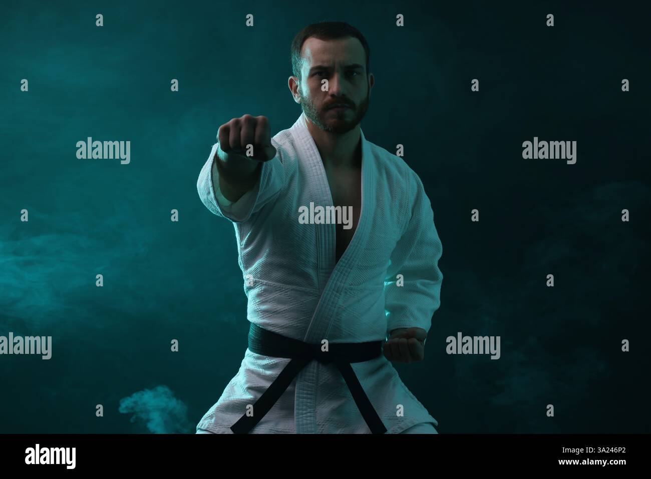 Karate fighter wearing uniform in color lights and smoke Stock Photo ...