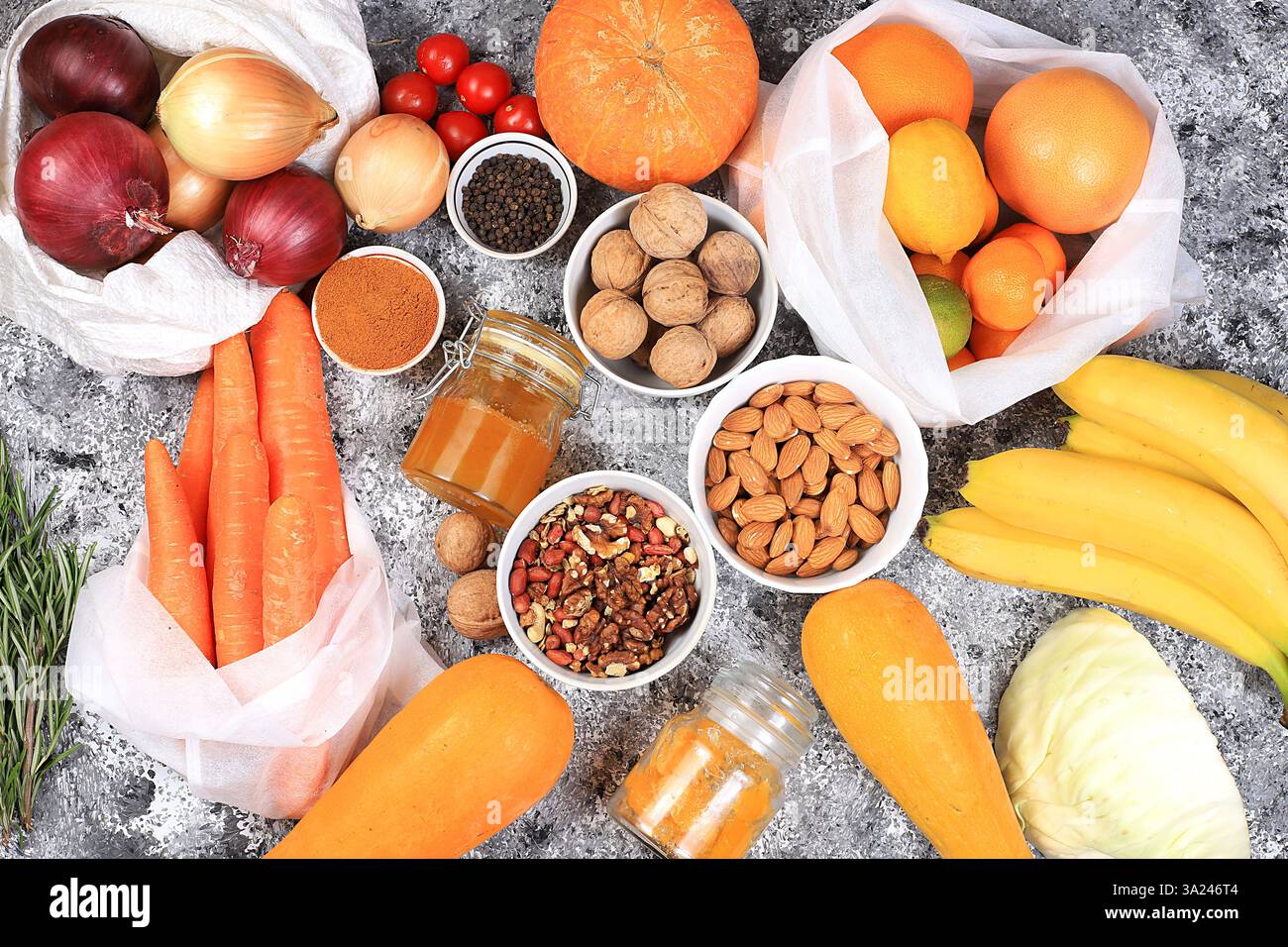 Healthy natural diet food in eco bags and jars. Selection of fresh ...