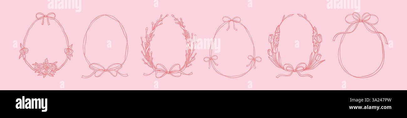 Set of pink cute vintage doodle easter frames. Whimsical minimalist ...