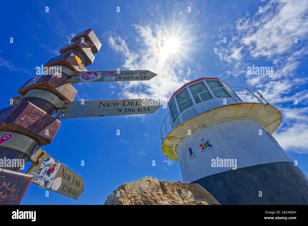 Old lighthouse and distance signs, Cape of Good Hope, Western Cape ...