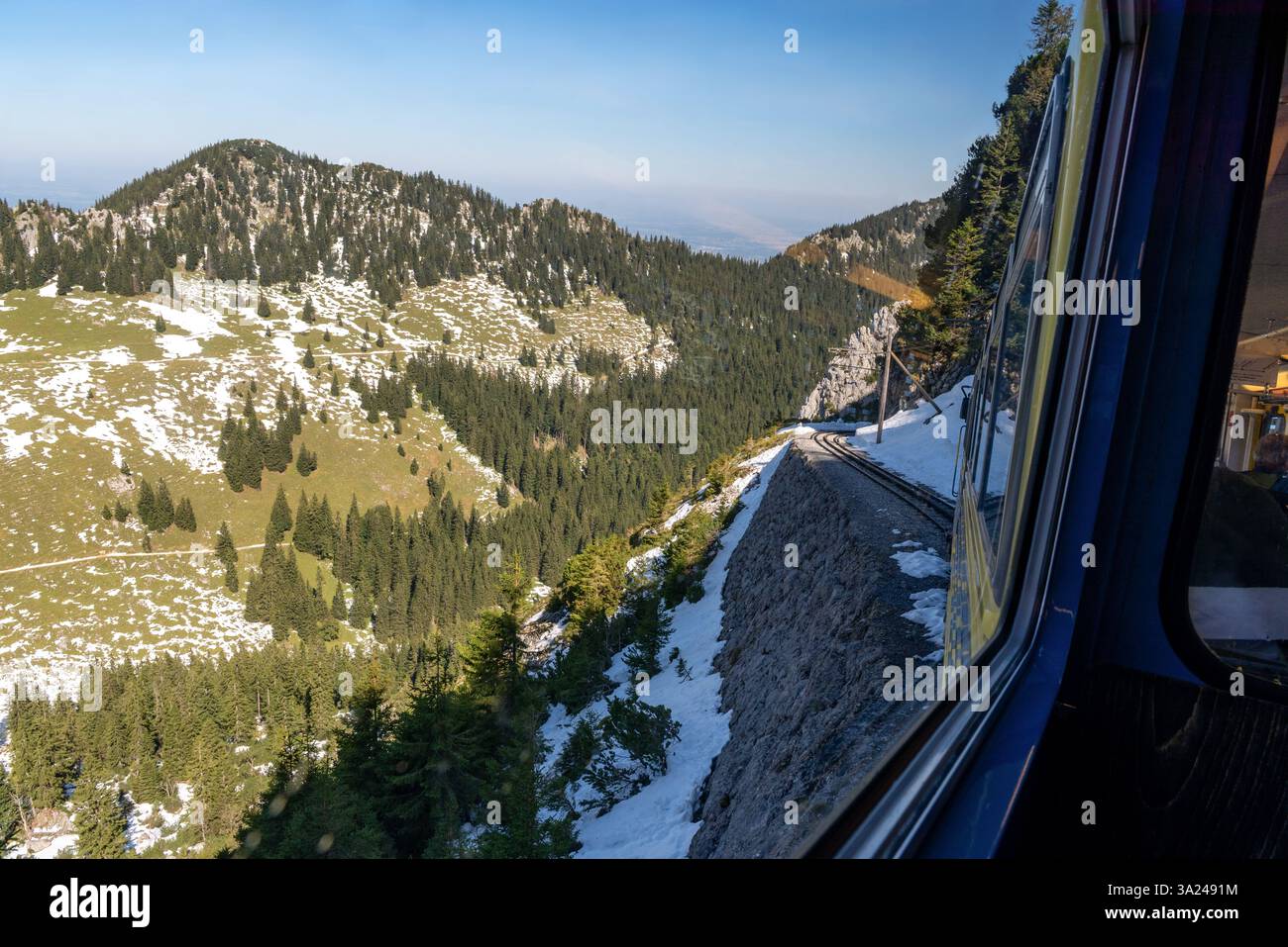 Alpine scenery, view from a cog railway in the Bavarian Alps, Germany ...