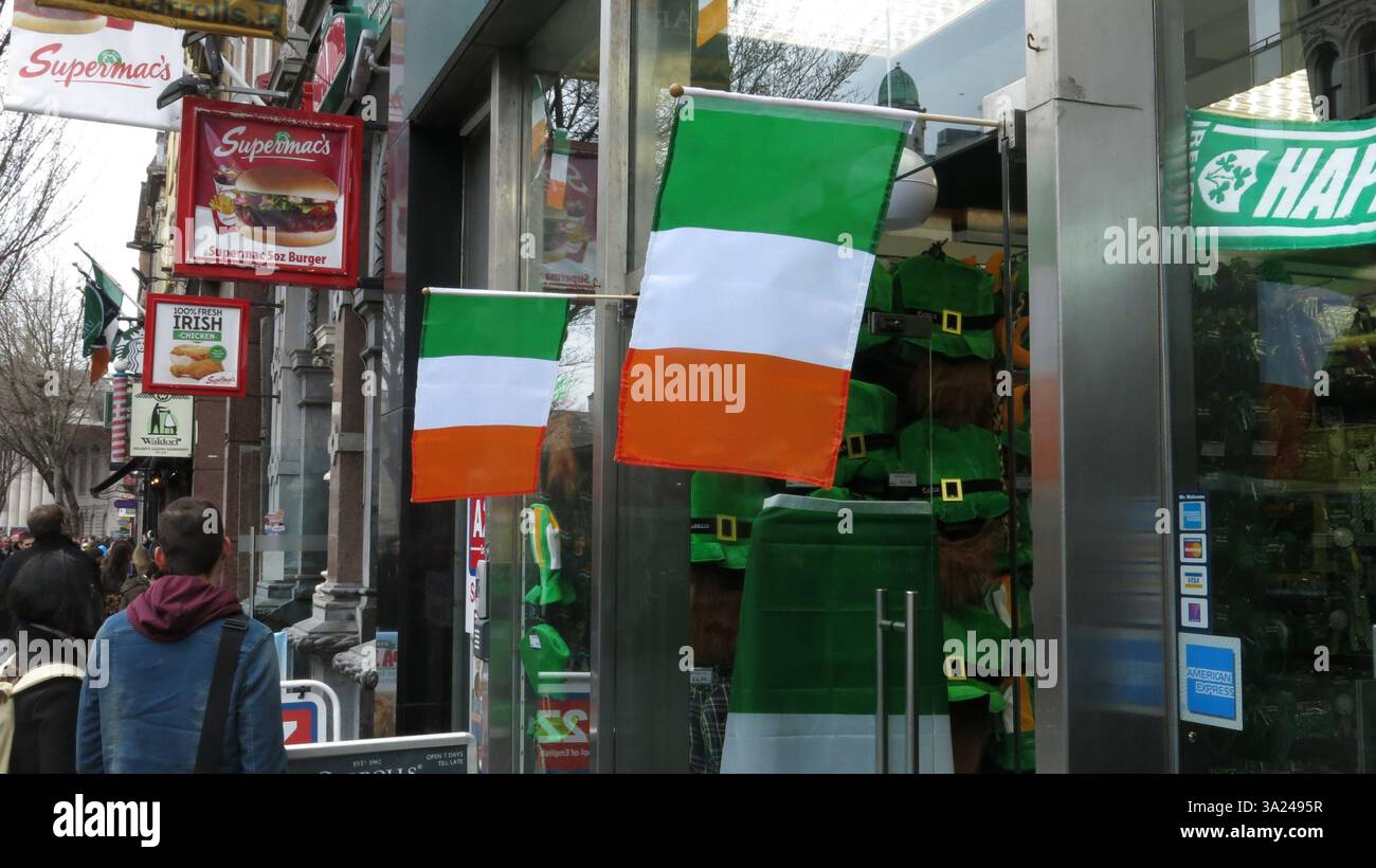 Dublin, Ireland - 14th March 2014 - Irish tricolour national flags hang ...