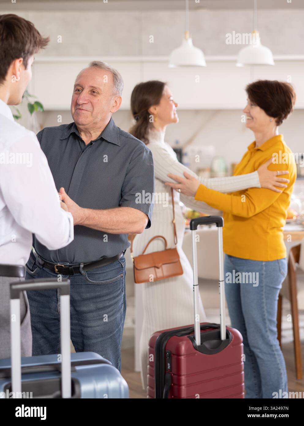 Friendly father-in-law shaking hand with son-in-law returning from trip ...