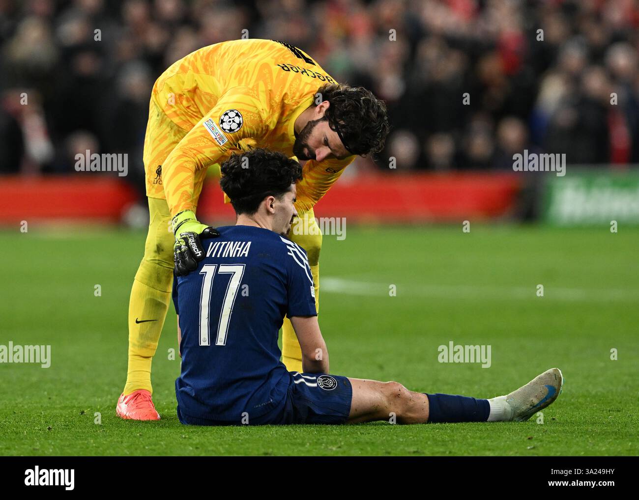 Liverpool, UK. 11th Mar, 2025. Alisson Becker of Liverpool speaks to ...