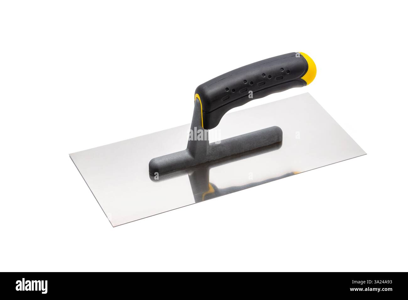 Trowel with black-yellow handle to the smoothing of plaster isolated on ...