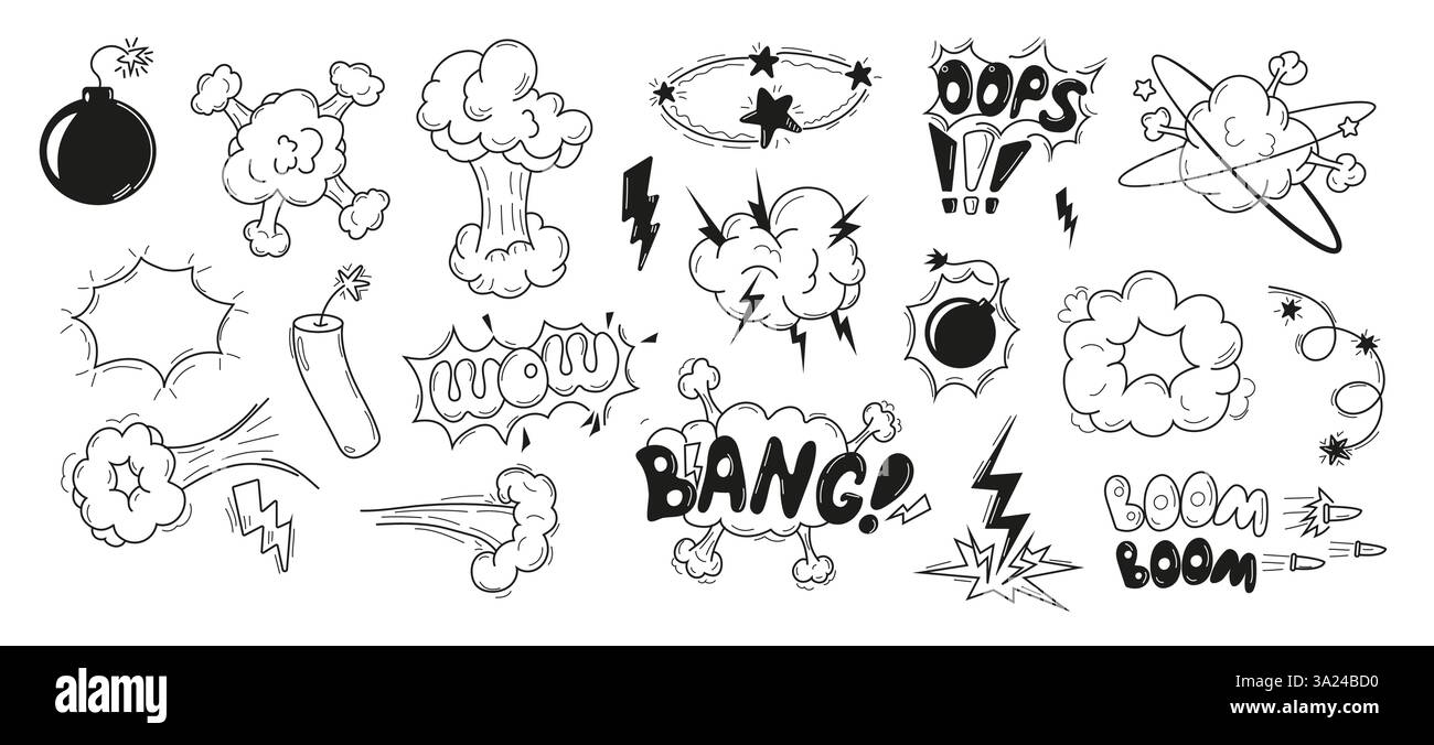 boom effects and explosion elements. Comic-style zap, bam, and smoke ...