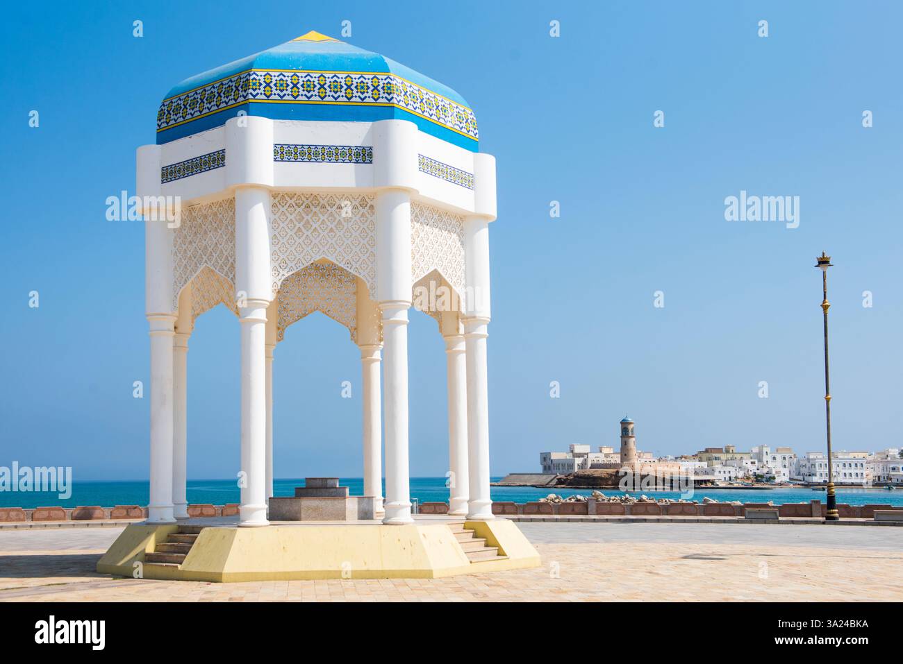 Kiosk on the promenade along the seafront at Sur, port-city, capital of Ash Sharqiyah Region ...